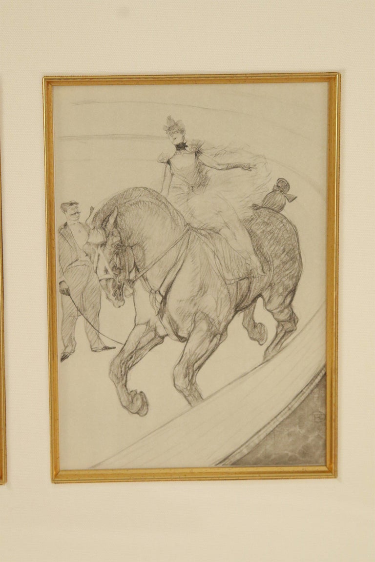Lautrec Pencil Drawing Diptych of Figures Riding Horses in a Gilt Frame ...