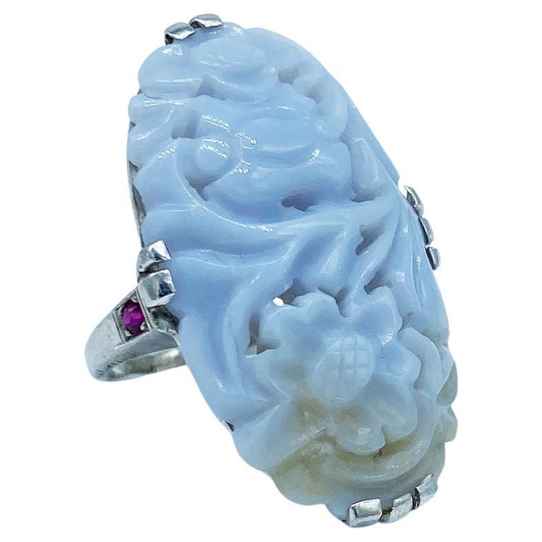 Lavender Jade Lotus Flower Carved Ring with Pink Accent Stones 1.40 ...