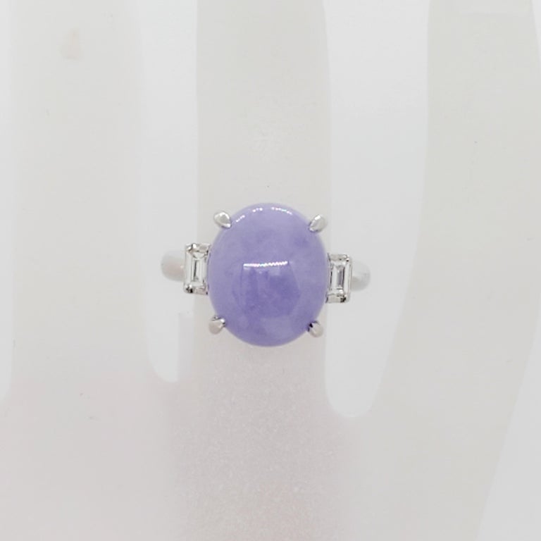 Lavender Jade Oval Cabochon and White Diamond Emerald Cut Ring in ...