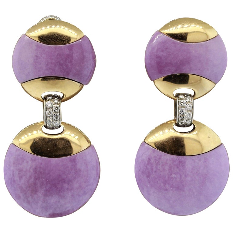 Lavender Jadeite Jade Diamond Gold Disc Drop Earrings For Sale at 1stDibs