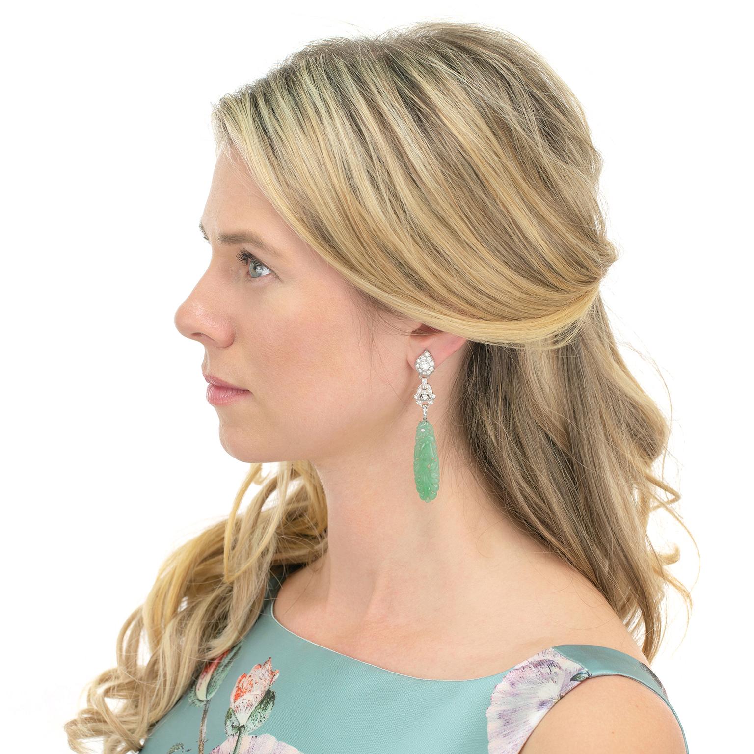 Lawrence Jeffrey Deco Inspired Jade and Diamond set Platinum Earrings ...