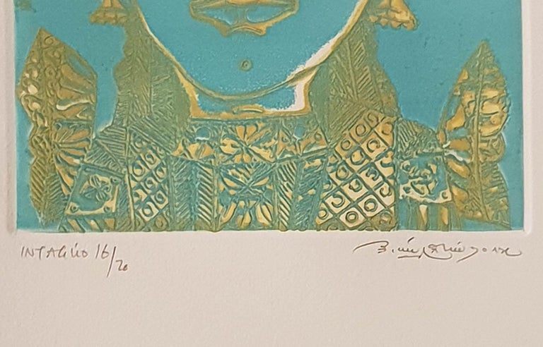 Laxma Goud - Unique South Indian Woman, Etching on paper, Green, Gold ...