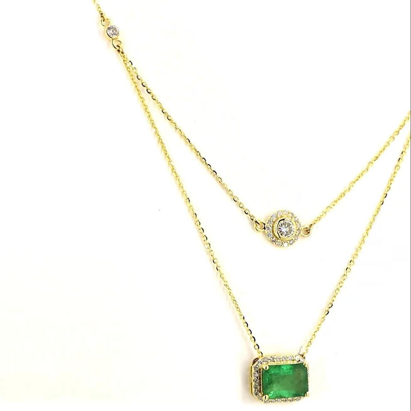 Layered Natural Emerald and Diamond Gem Necklace in 14K Solid Gold ...