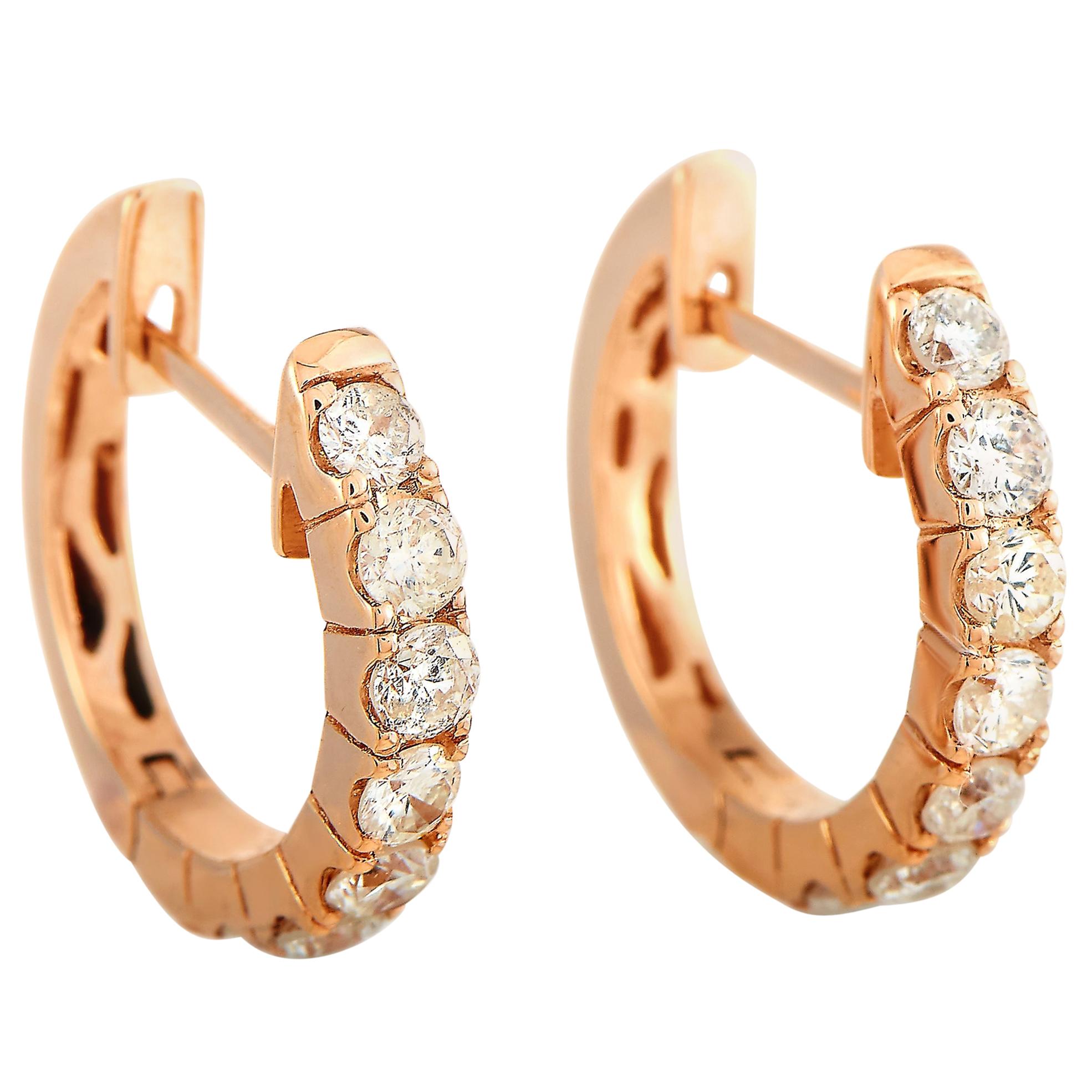 .50 Carat Small 14 Karat Rose Gold 6-Diamond Tiny Round Hoop Earrings ...