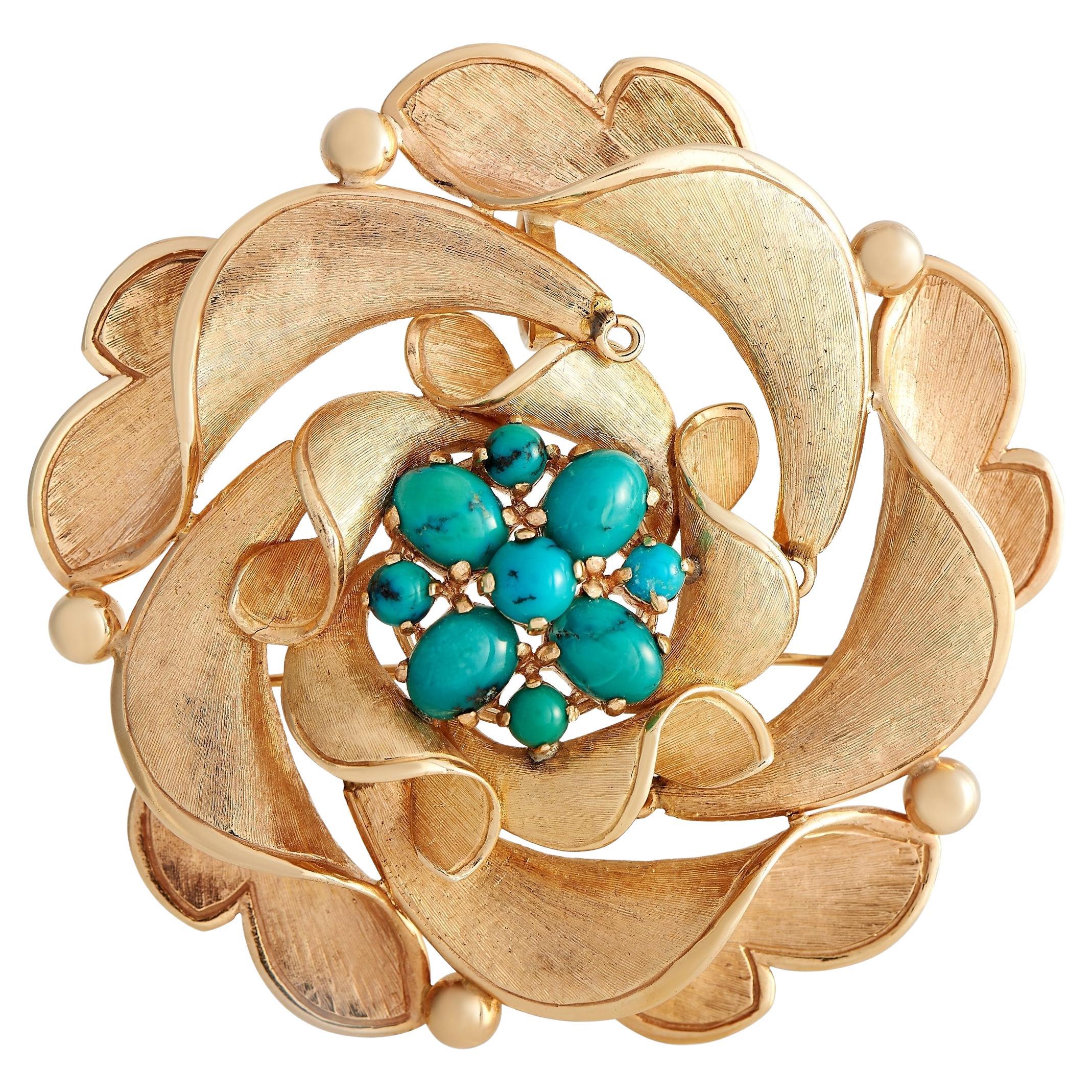 14k Yellow Gold Turquoise Beads Large Bow Brooch For Sale at 1stDibs