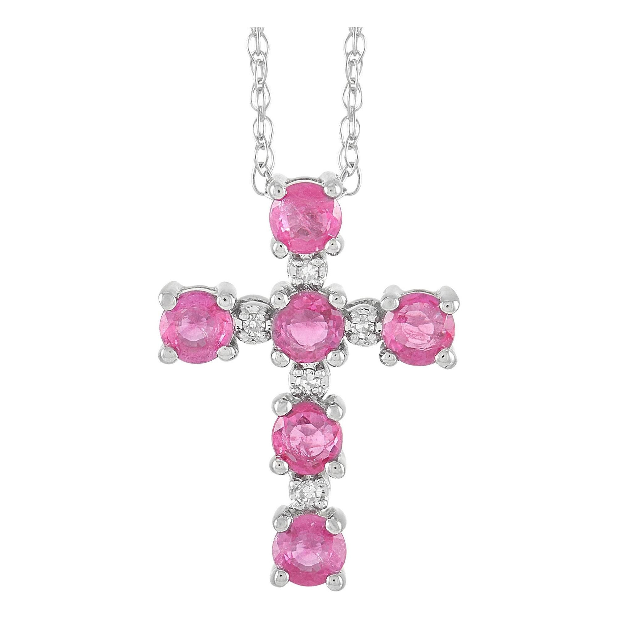 LB Exclusive 14 Karat Gold 0.01 Carat Diamond and Ruby Cross Pendant ...