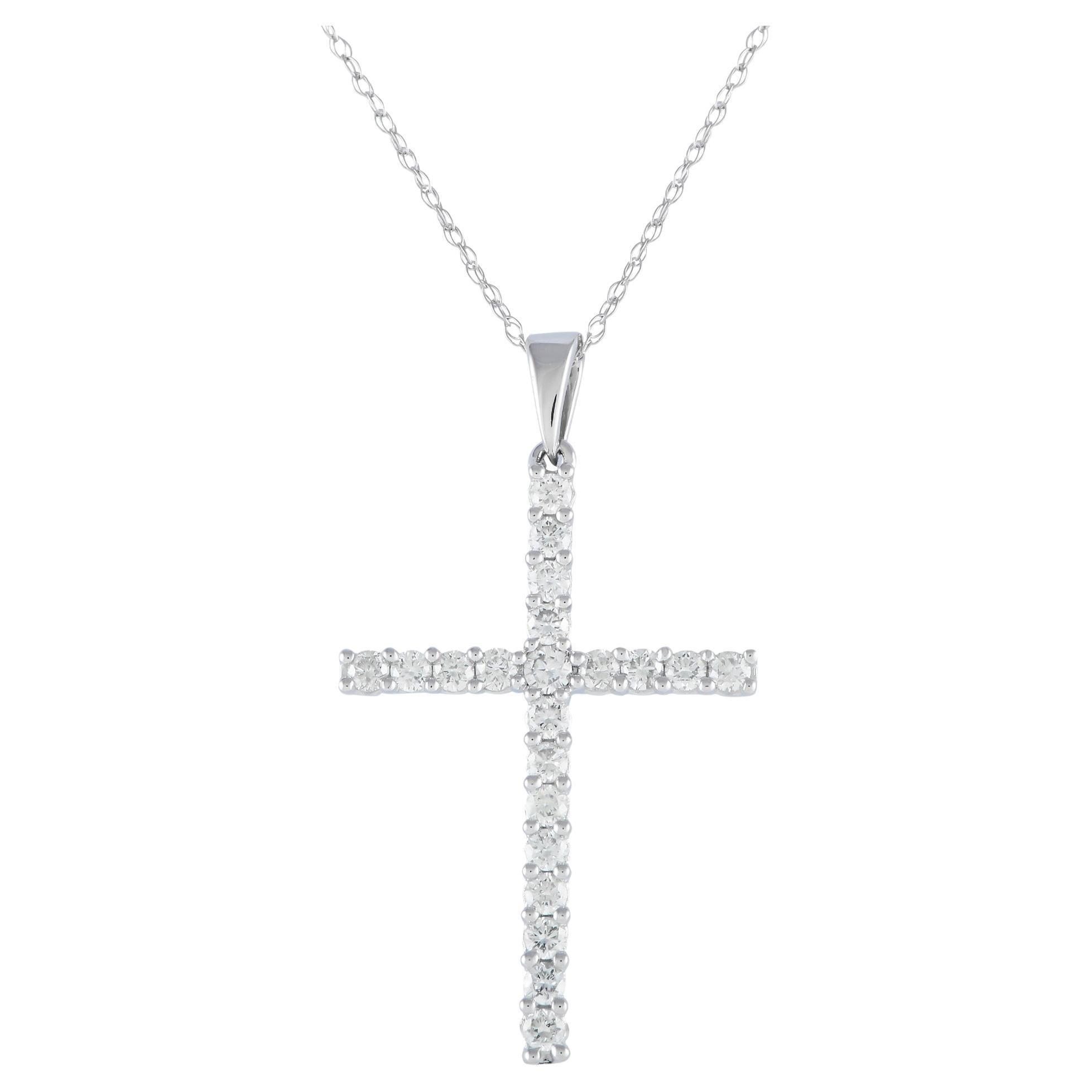 0.50 Carat Diamond 18 Karat Gold Open Cross Pendant 14 Karat Gold Chain ...