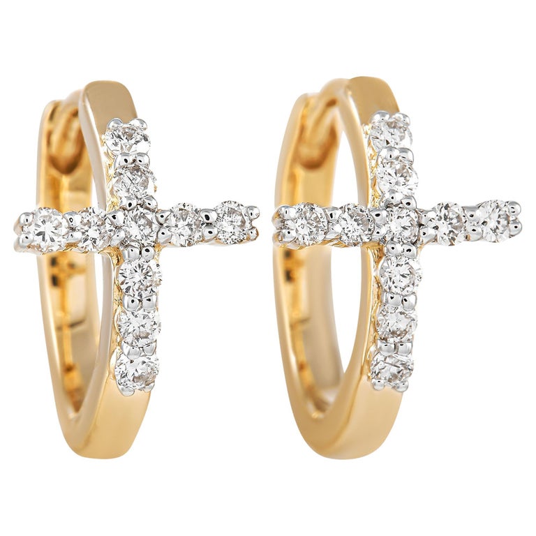 LB Exclusive 14K Yellow Gold 0.21 Ct Diamond Cross Hoop Earrings at 1stDibs