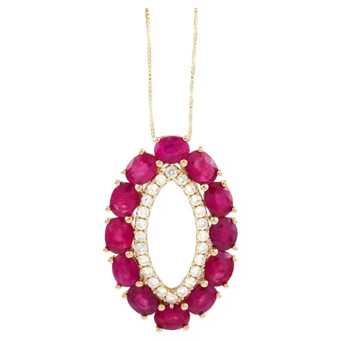 14 Karat Yellow Gold Diamond and Ruby Oval Pendant Necklace at 1stDibs