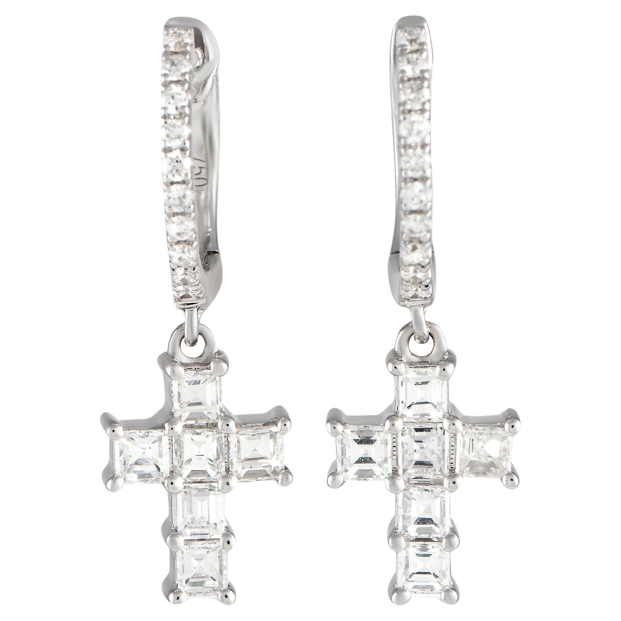 LB Exclusive 18K White Gold 0.65ct Diamond Hoop Cross Drop Earrings ...
