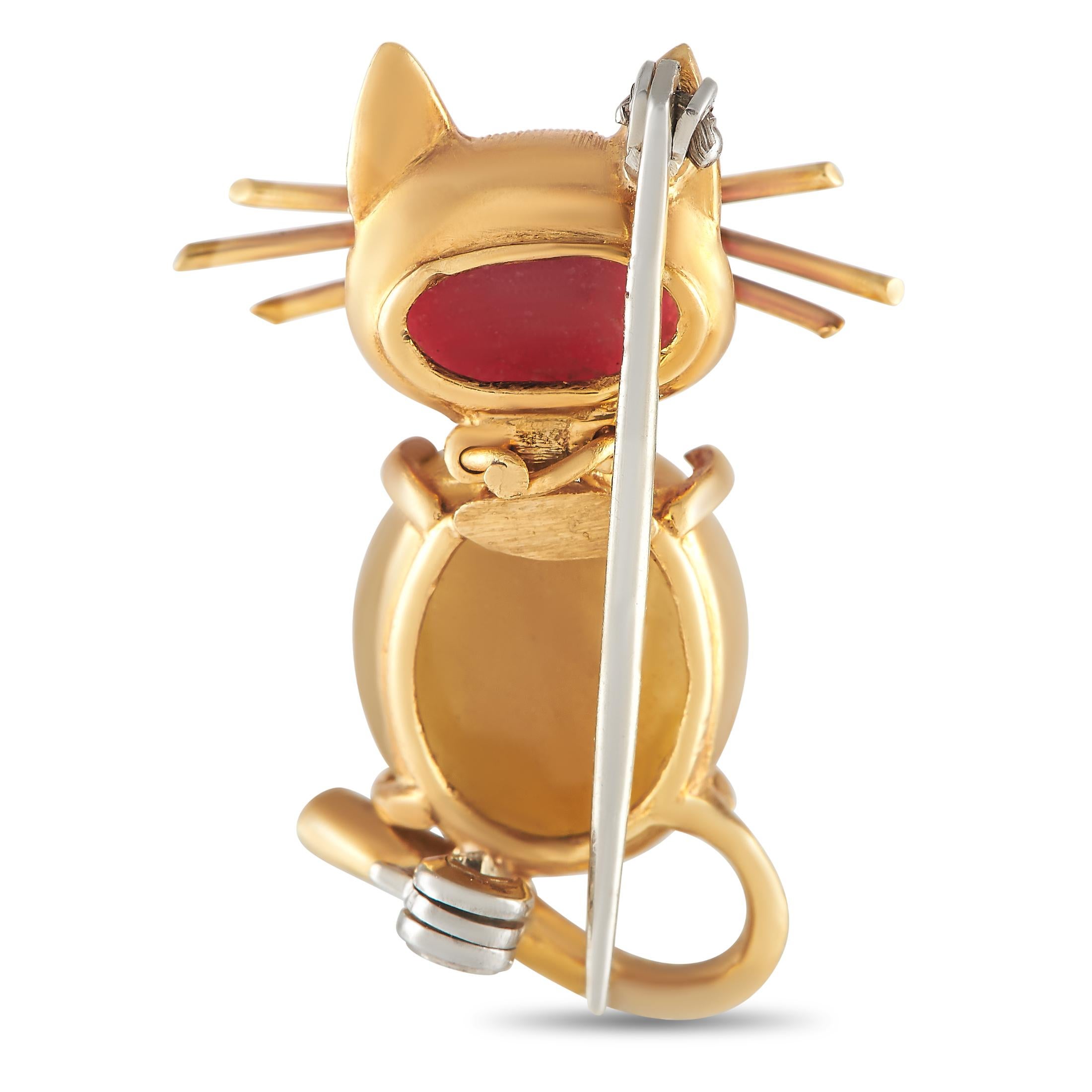 LB Exclusive 18k Yellow Gold Ruby and Cat's Eye Cat Brooch For Sale at ...