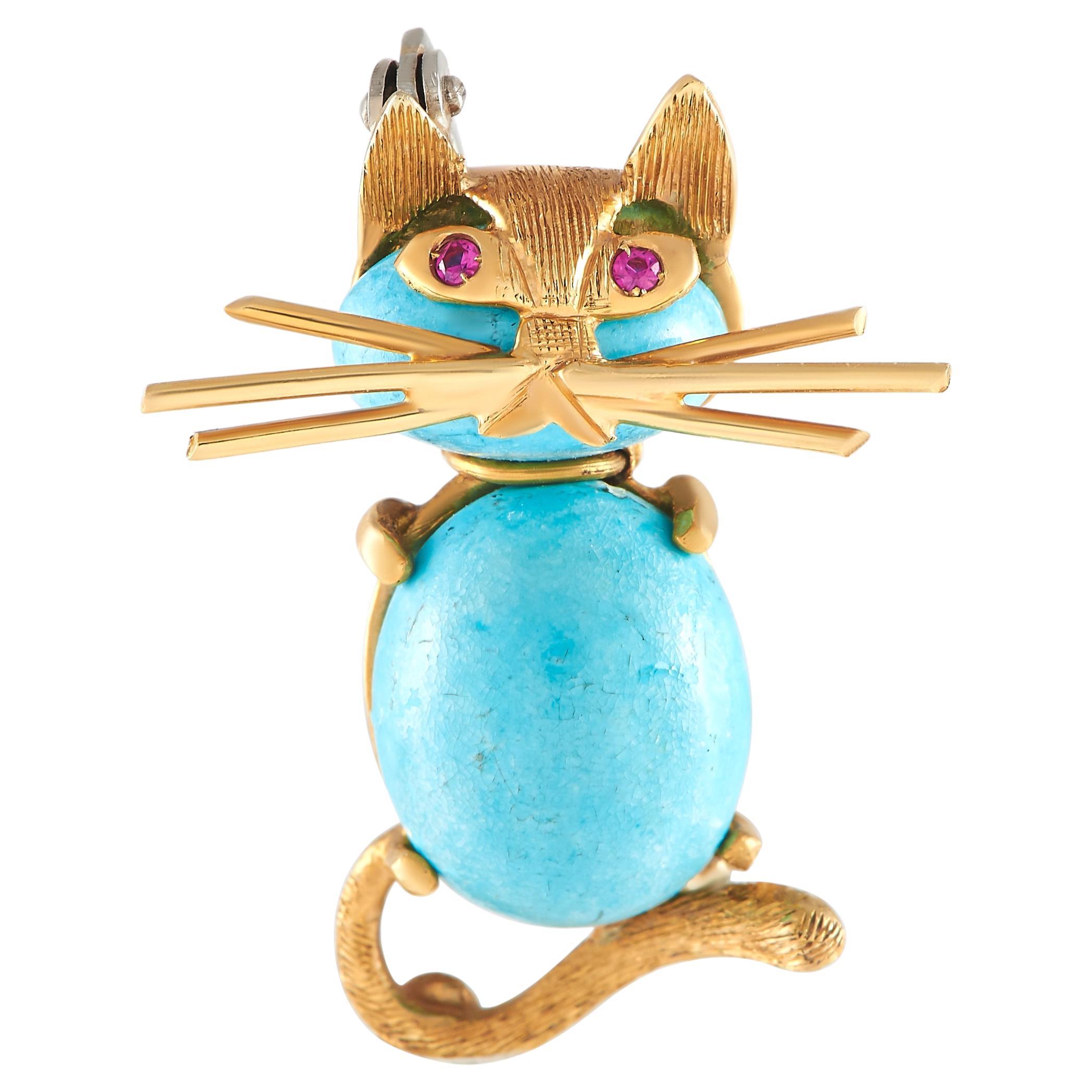 Whimsical Cat Head with Turquoise and Ruby Bow Yellow Gold Brooch by ...