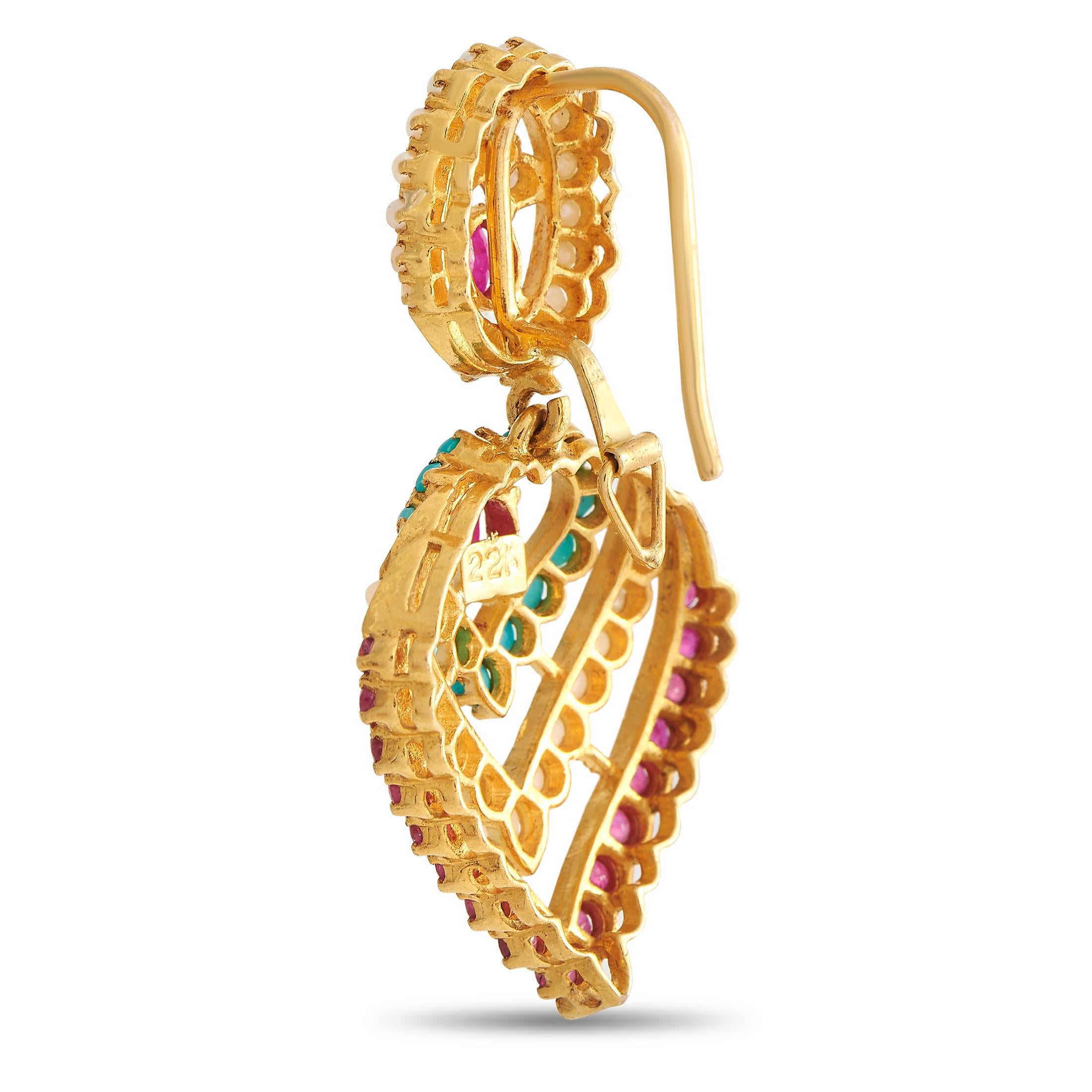 LB Exclusive 22K Yellow Gold Pearl, Ruby, and Turquoise Earrings For ...