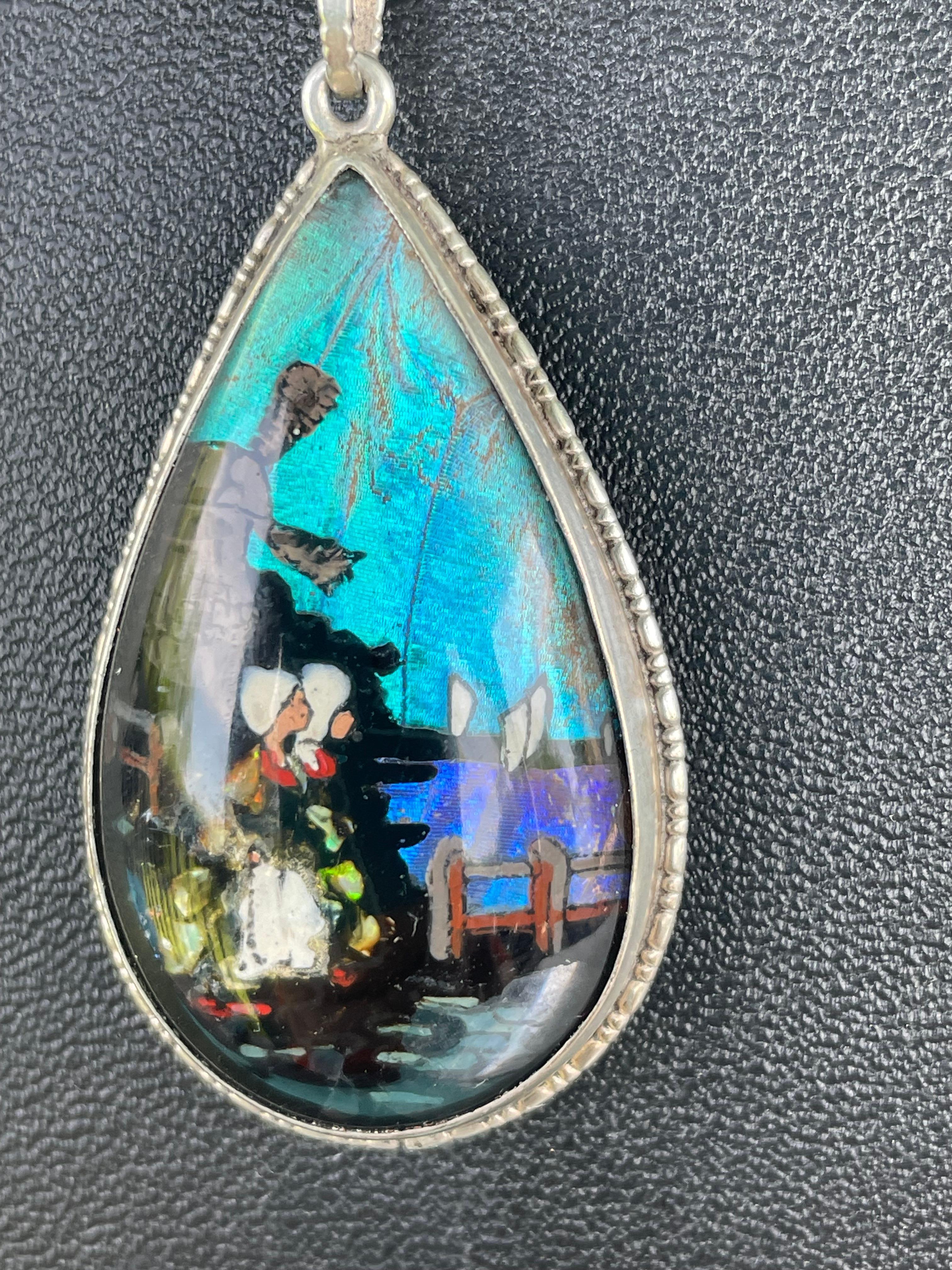 LB offers 1920’s Butterfly wing hand painted glass Sterling pendant ...