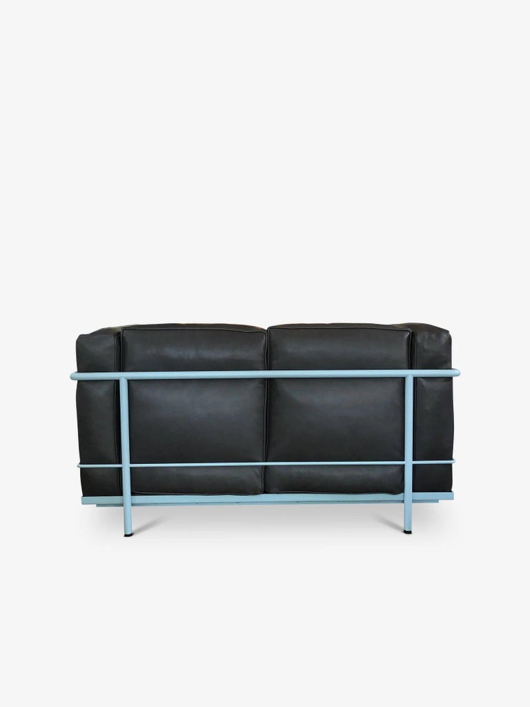LC2 Two Seater Sofa in Light Blue Enamel and Leather For Sale at 1stDibs