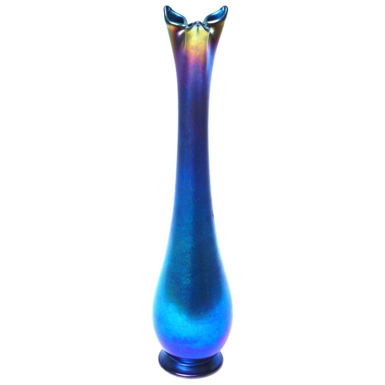 L.C.T Tiffany Favrile Tall Slender Blue Footed Vase For Sale at 1stDibs