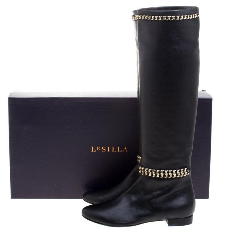 Le Silla Black Leather Chain Detail Knee High Boots Size 41 For Sale at ...