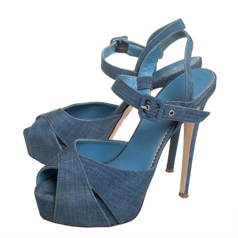 Le Silla Blue Denim Platform Sandals Size 38 For Sale at 1stDibs
