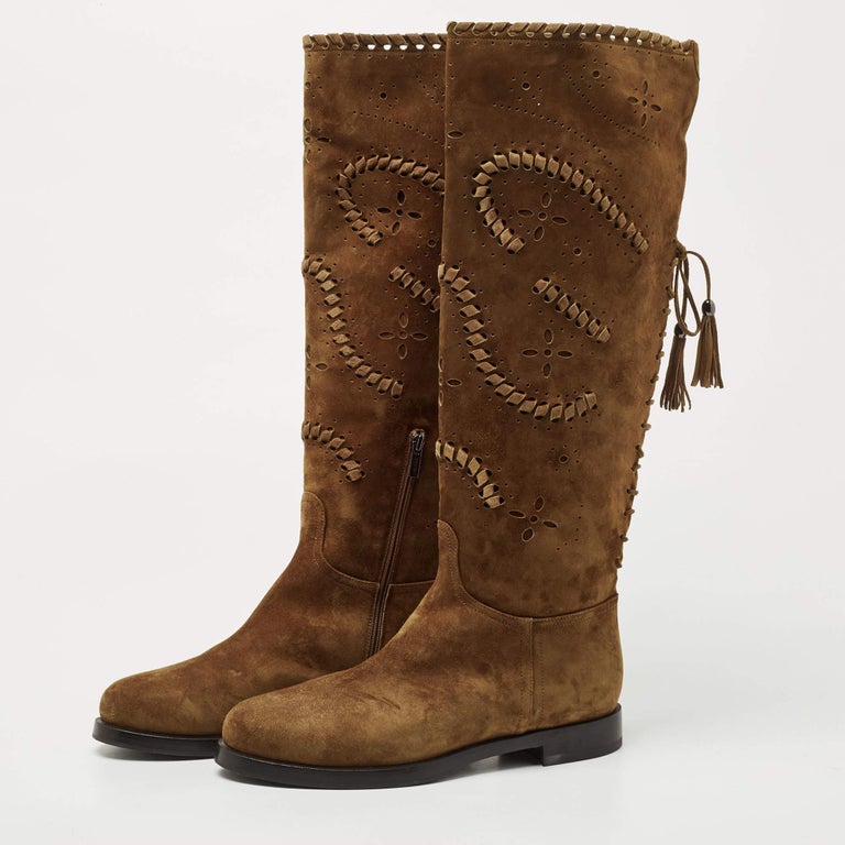 Le Silla Brown Laser Cut Suede Whip Stitch And Tassel Detail Knee ...