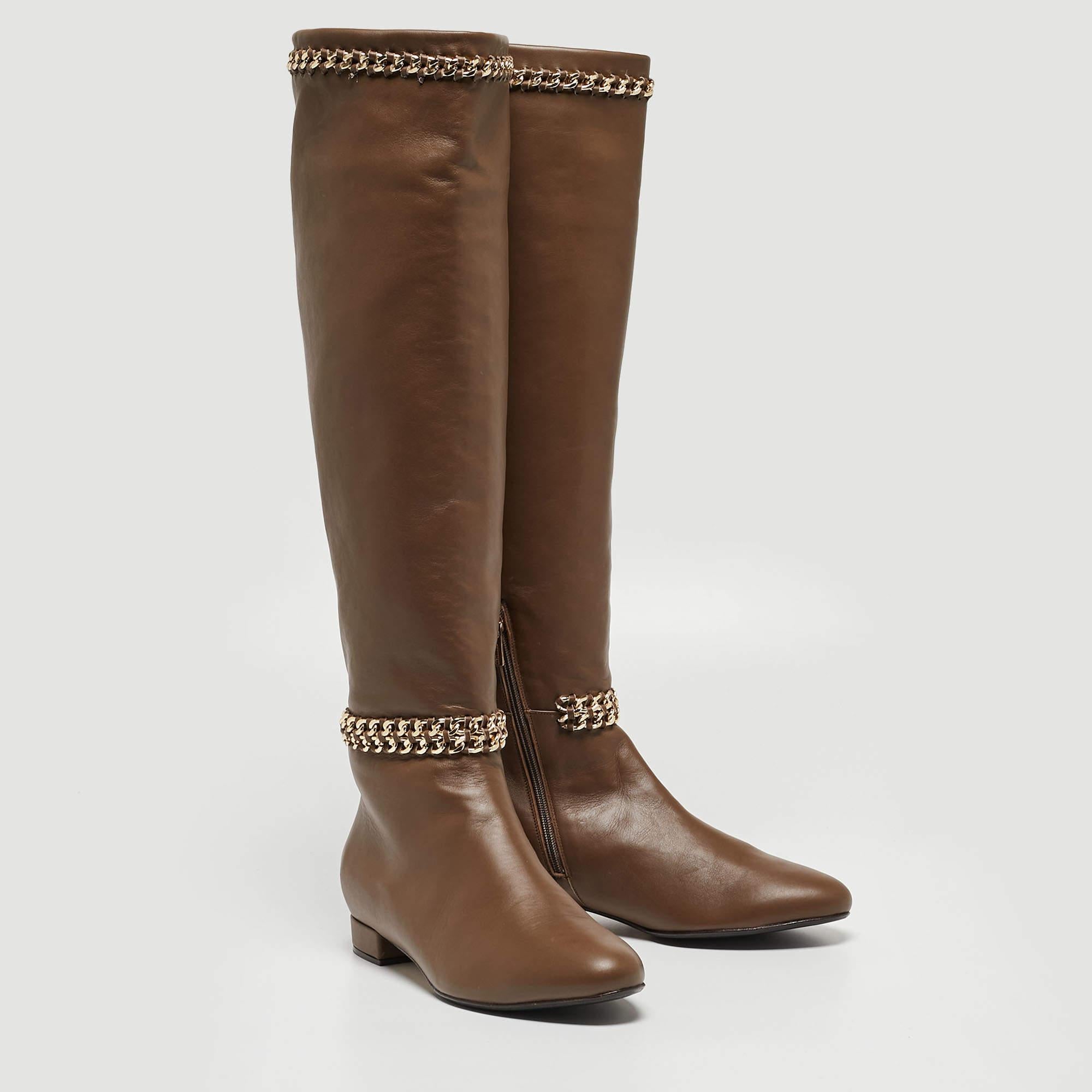 Le Silla Brown Leather Chain Detail Knee Length Boots Size 38 For Sale ...