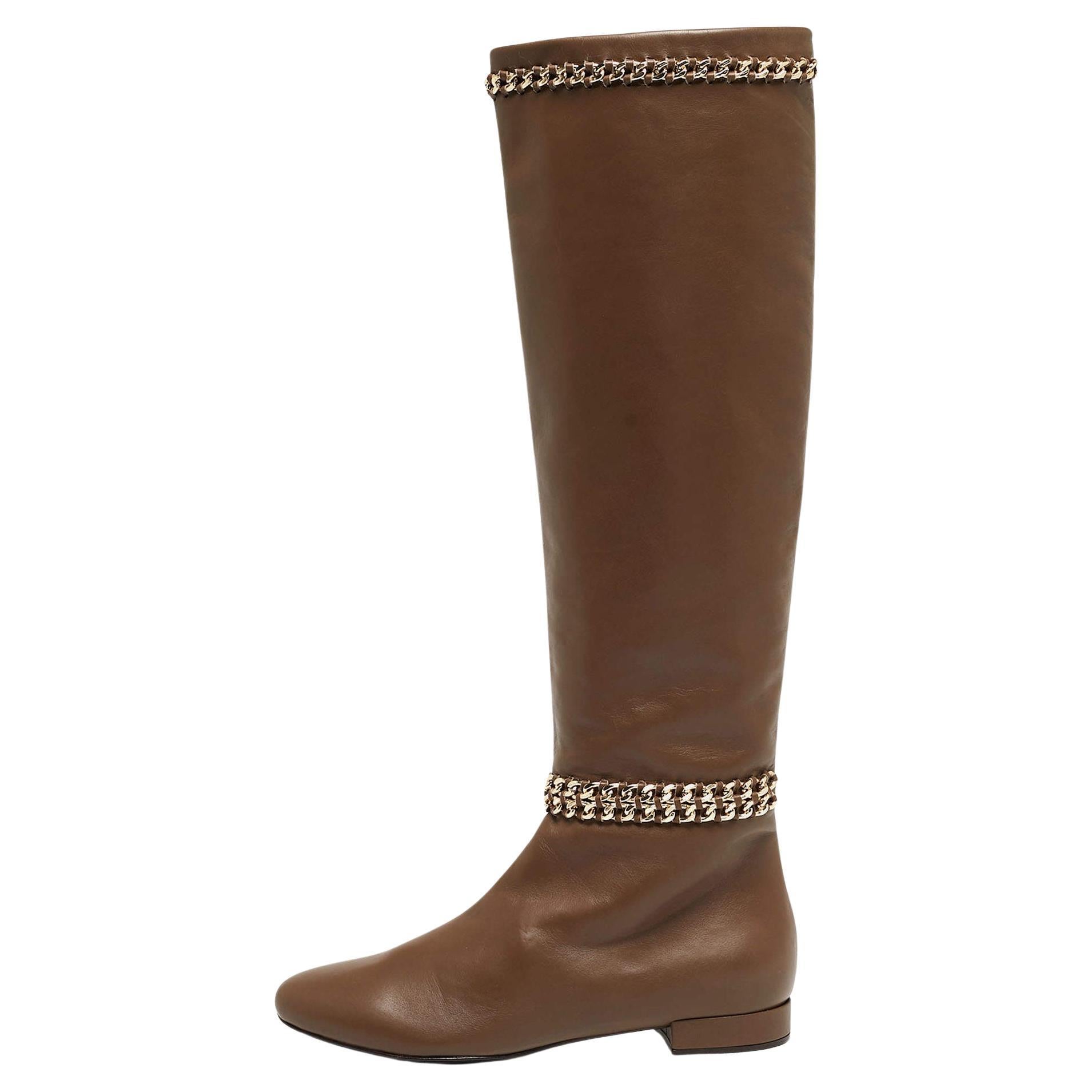 Le Silla Brown Leather Chain Detail Knee Length Boots Size 38 For Sale ...