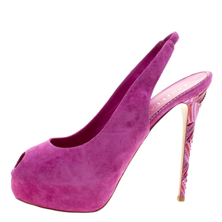 Le Silla Fuchsia Pink Suede Peep Toe Crystal Embellished Heel Platform ...