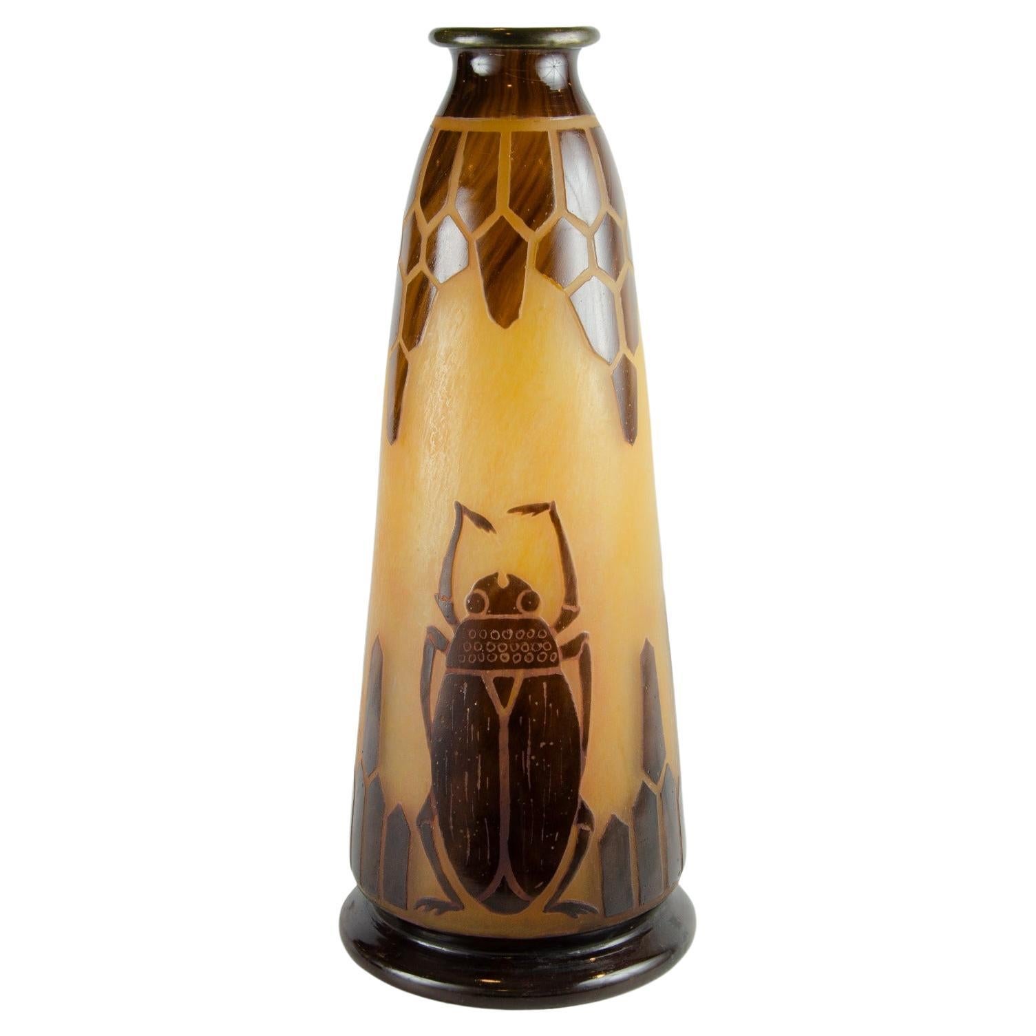 Le Verre Francais Scarabée Cameo Glass Vase, Unsigned, ca. 1920 For ...
