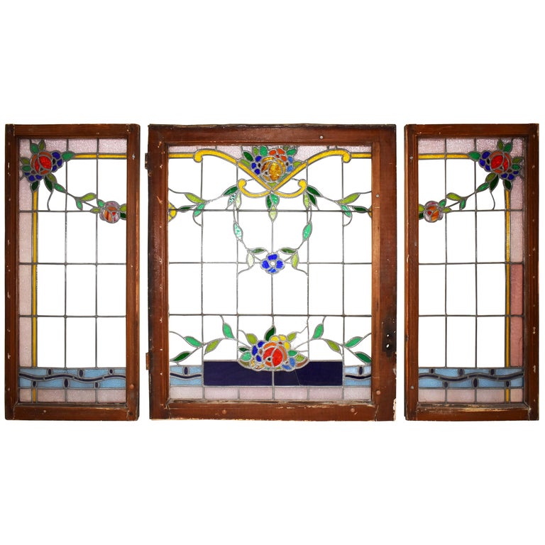 Leaded Stained Glass Windows, Set of Three, circa 1880 at 1stDibs
