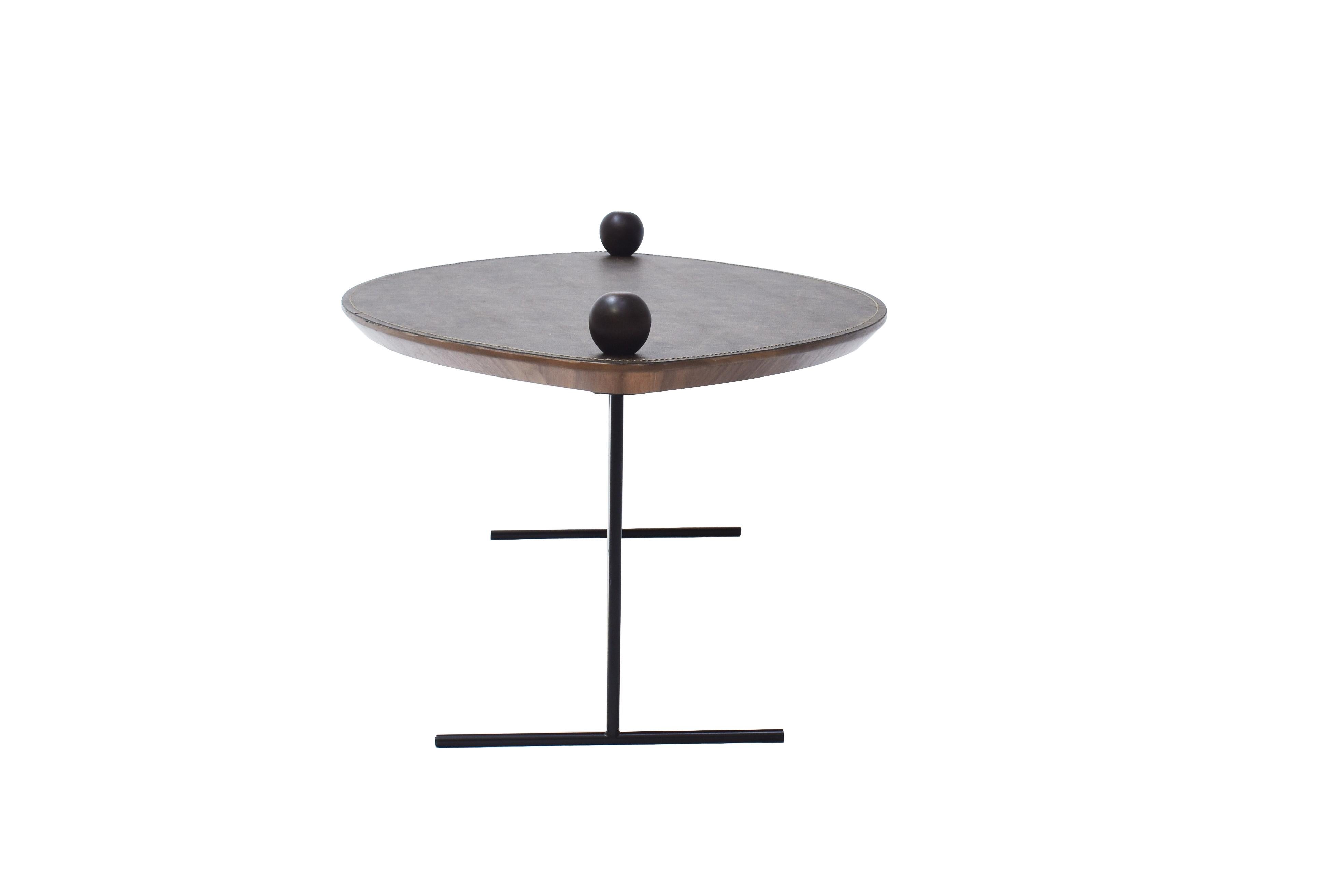 Leaf Center Table in Golden Carbon Steel and Leather Covered Top For ...
