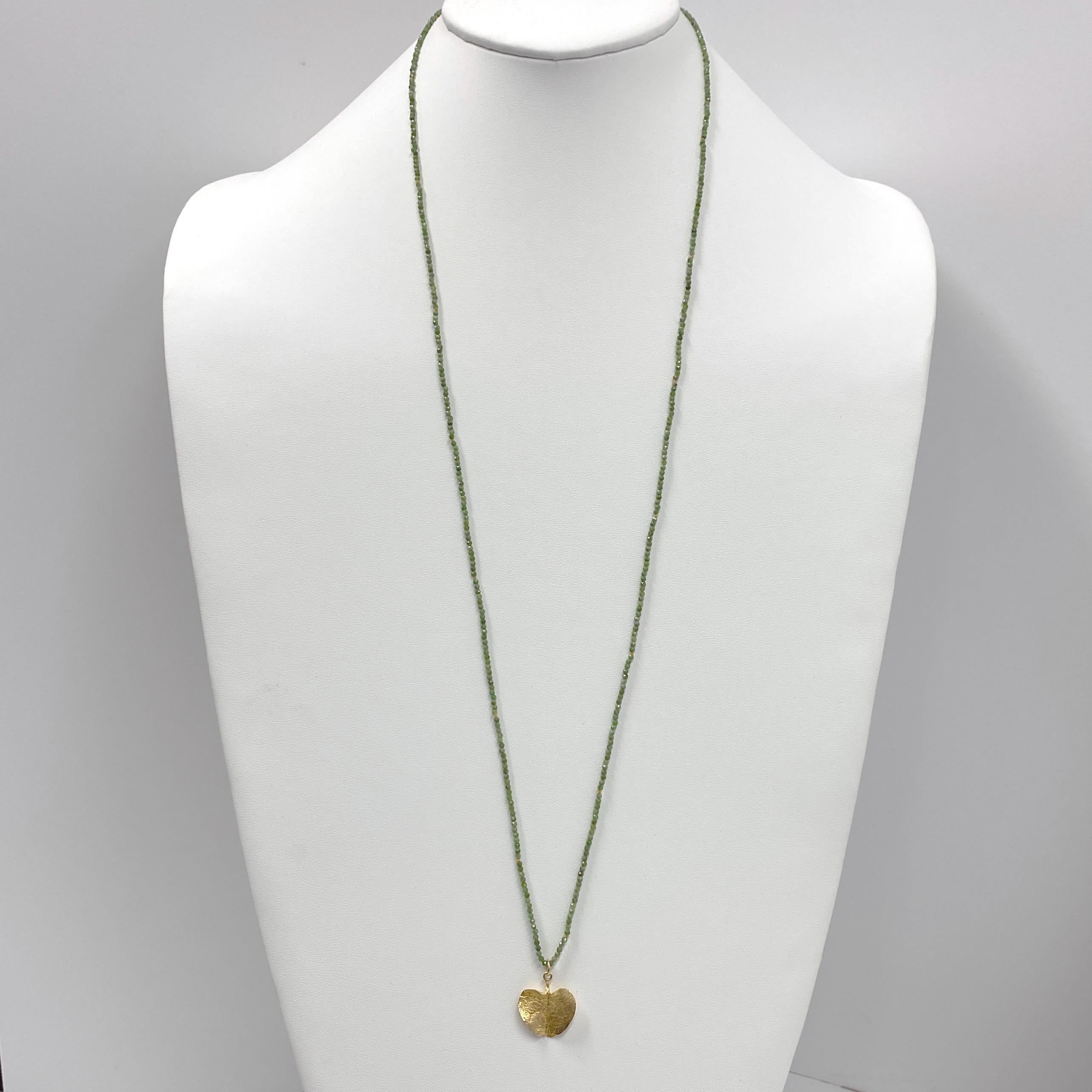Leaf Pendant in 18 Karat Gold with Extra-Long Chrome Diopside Beaded ...