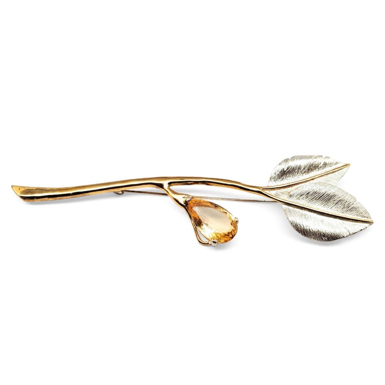 Leaf Pin in Argentium Silver, Vermeil and Pear Cut Citrine For Sale at ...