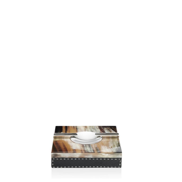 Leandro Ash Tray in Pebbled Leather with Lid in Corno Italiano, Mod ...