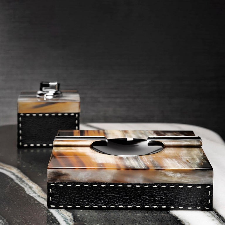 Leandro Ash Tray in Pebbled Leather with Lid in Corno Italiano, Mod ...