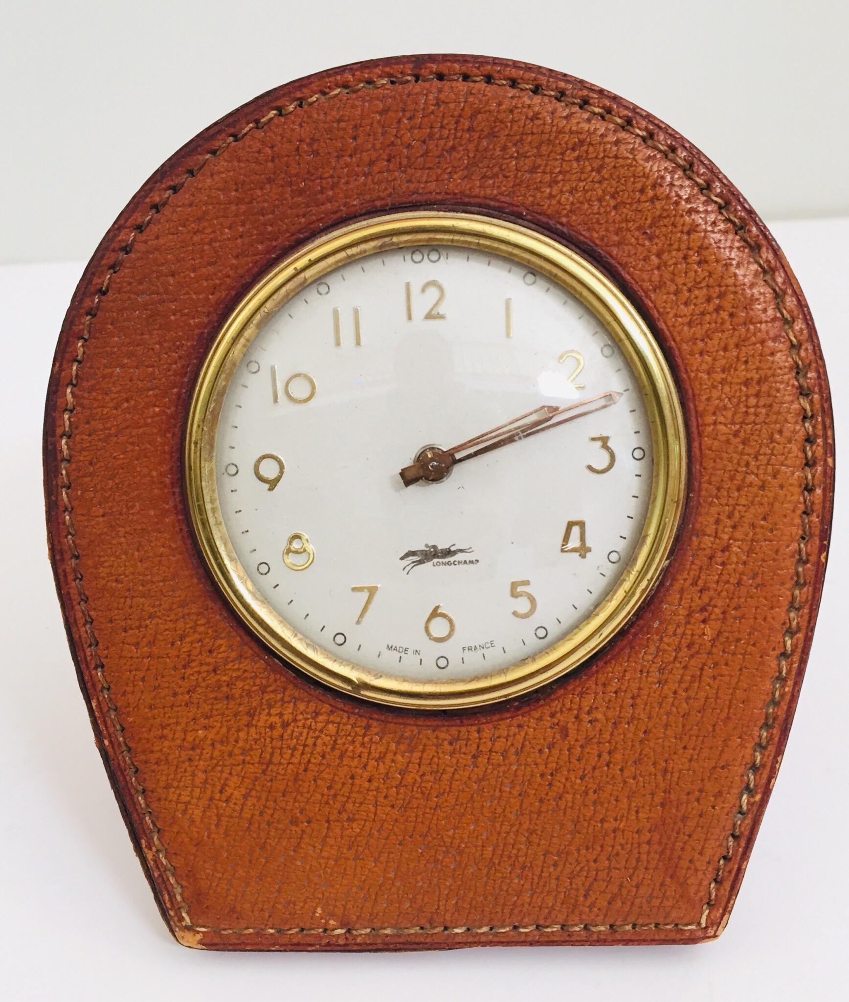Leather and Brass French Longchamp Desk Clock Jacques Adnet Style at ...