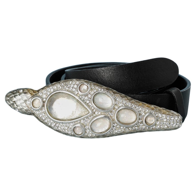 Leather belt with metallic and rhinestone snake head buckle Roberto ...
