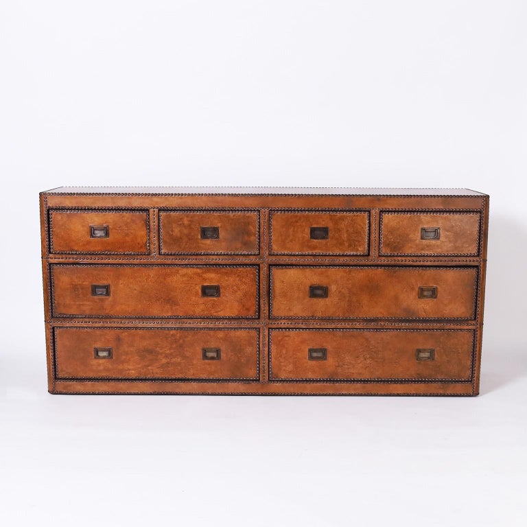 Leather Clad Campaign Style Chest of Drawers or Dresser For Sale at 1stDibs