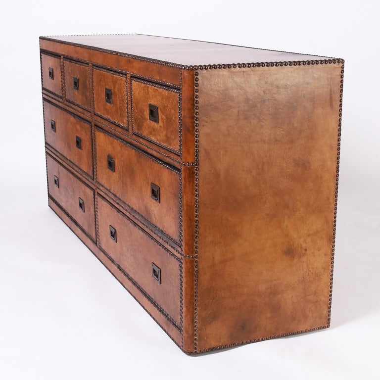 Leather Clad Campaign Style Chest of Drawers or Dresser For Sale at 1stDibs