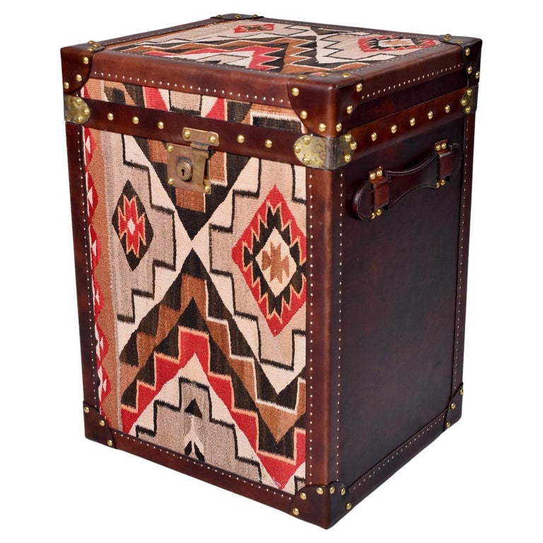 Leather Covered Trunk with Vintage Hardware and Kilim on Top and Front ...