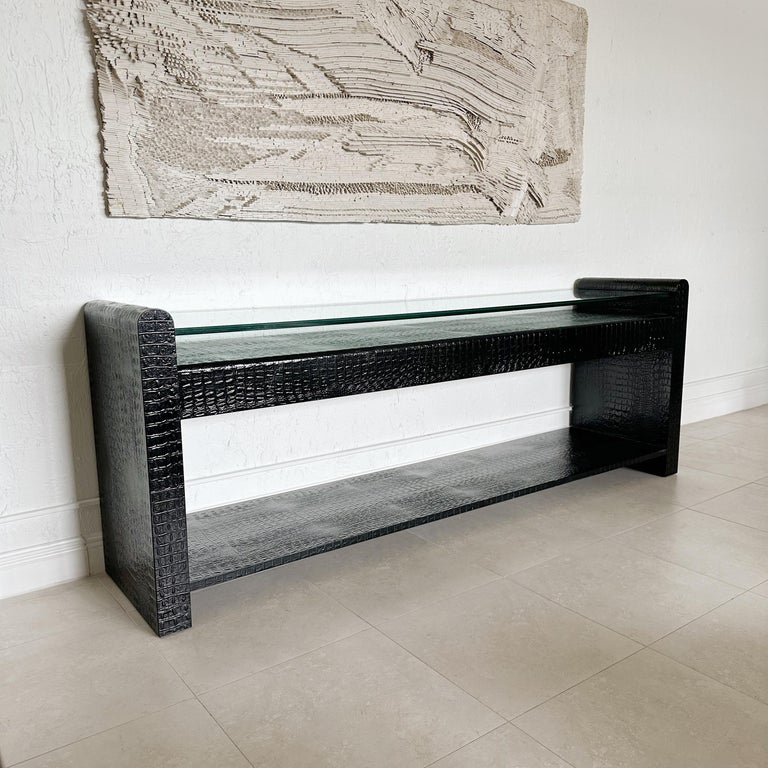Leather Embossed Crocodile Glass Top Console Table 1980's For Sale at ...