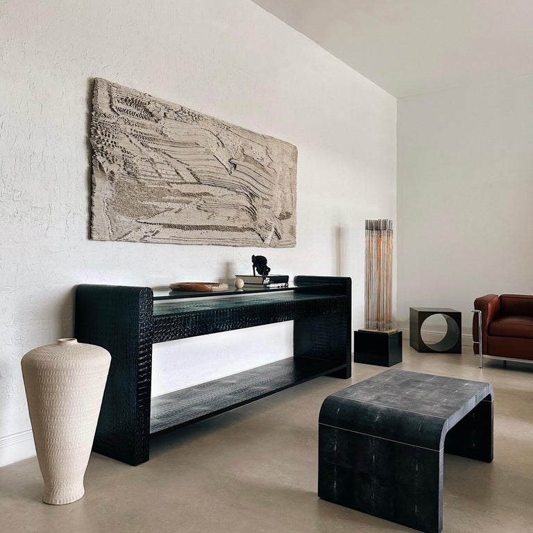 Leather Embossed Crocodile Glass Top Console Table 1980's For Sale at ...