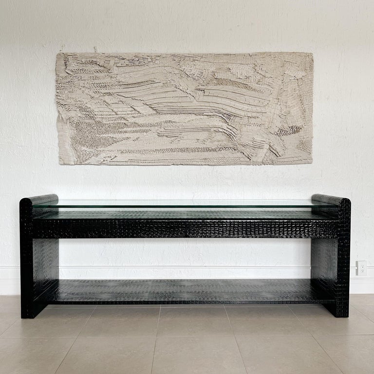 Leather Embossed Crocodile Glass Top Console Table 1980's For Sale at ...
