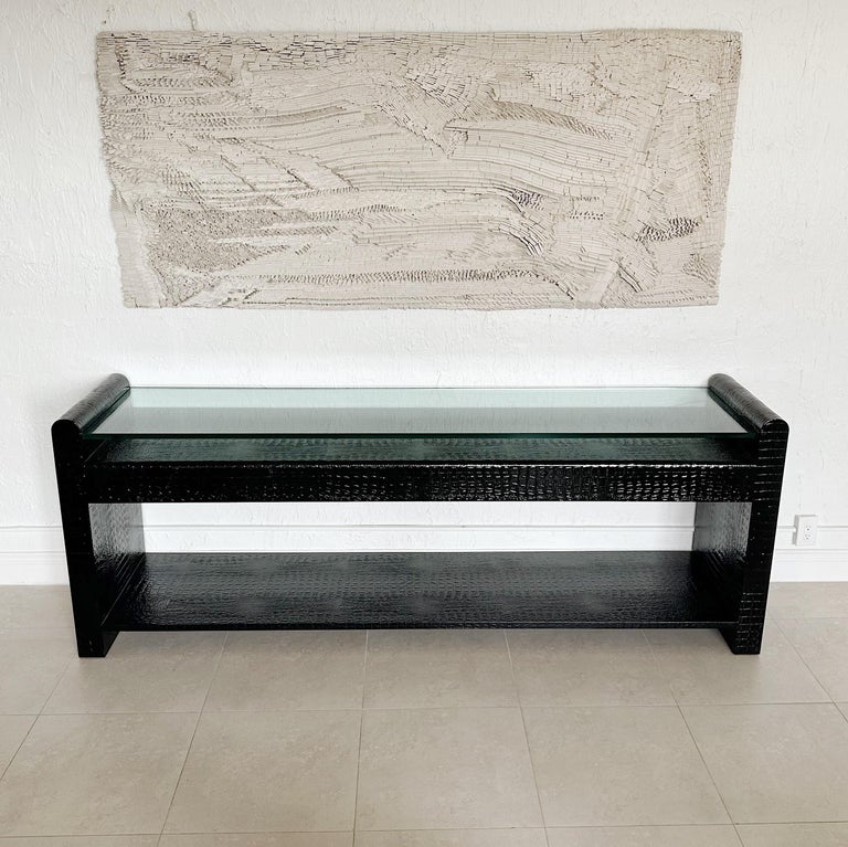 Leather Embossed Crocodile Glass Top Console Table 1980's For Sale at ...
