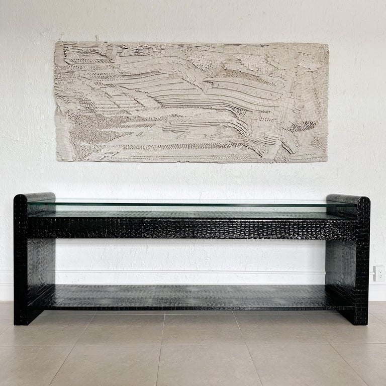 Leather Embossed Crocodile Glass Top Console Table 1980's For Sale at ...