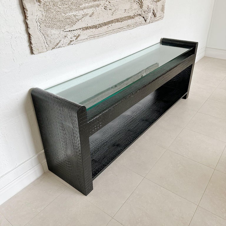 Leather Embossed Crocodile Glass Top Console Table 1980's For Sale at ...