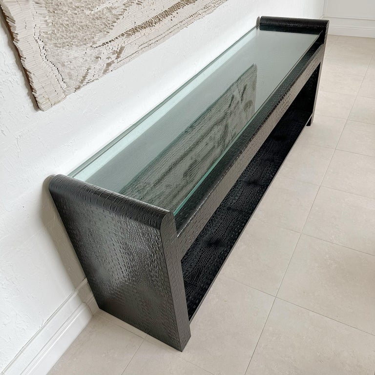 Leather Embossed Crocodile Glass Top Console Table 1980's For Sale at ...