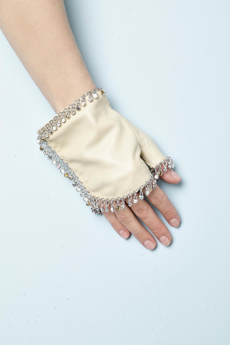 Leather ivory mittens with silver color metal and rhinestone edge ...