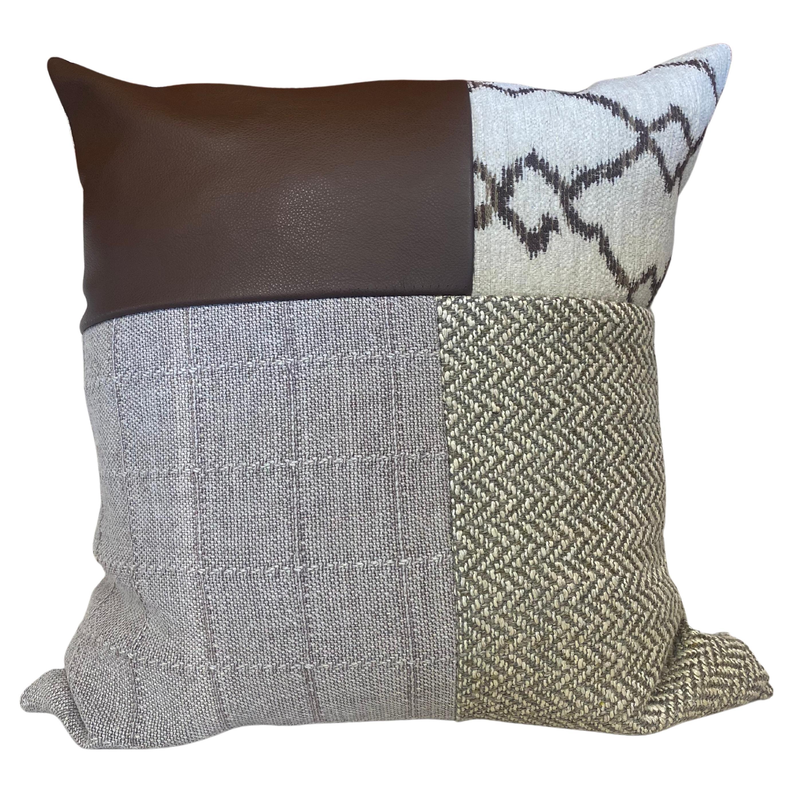 Leather, Linen, Knubby Wool and Metal Accent Designer Textile Pillow ...