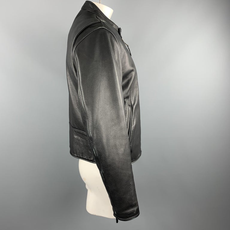 LEATHER MAN Size 46 Black Leather Tab Collar Zip Biker Jacket For Sale ...