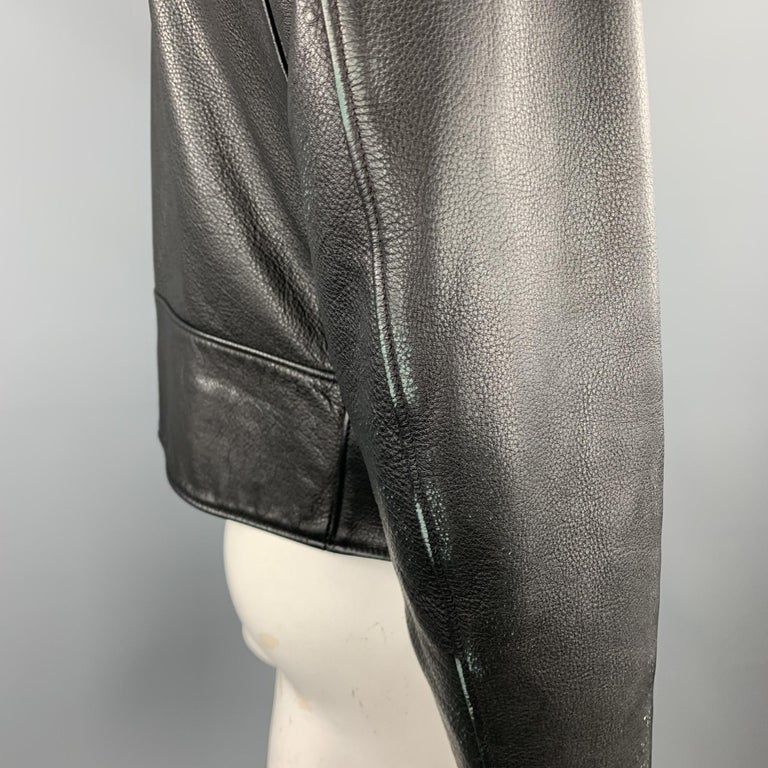 LEATHER MAN Size 46 Black Leather Tab Collar Zip Biker Jacket For Sale ...