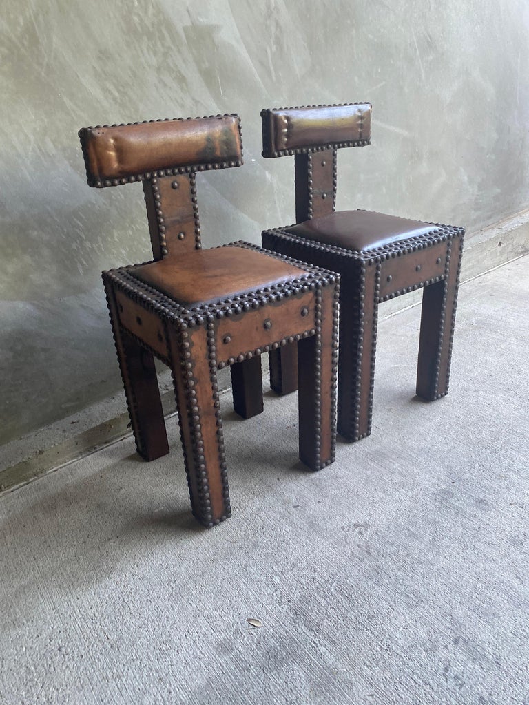 Leather and Nailhead T-Back Chair, France, 1960's at 1stDibs